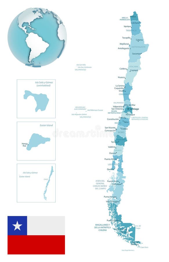 Chile Administrative Blue-green Map with Country Flag and Location on a ...