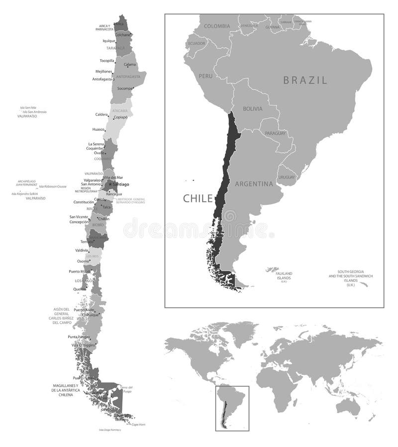 Chile - Highly Detailed Black and White Map. Stock Illustration ...
