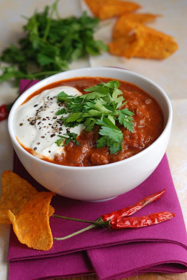 Chili beef with crisps stock image. Image of herb, beans - 16746521