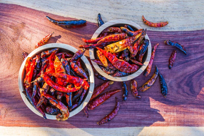 Chili Burn in Wooden Bowl Put on Table. Top View Stock Photo - Image of ...