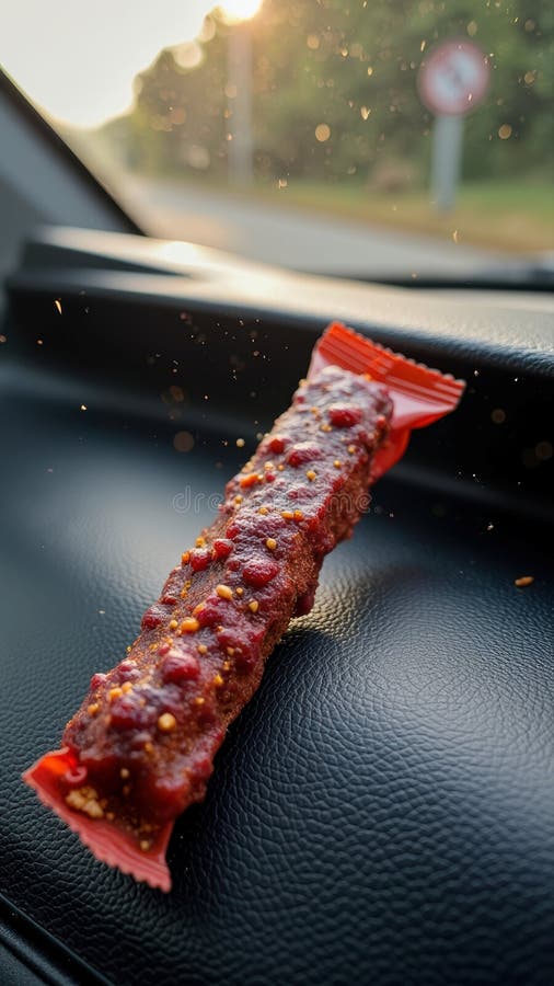 Chili-coated Snack Bar with Red Spices on Car Dashboard in Sunlight ...
