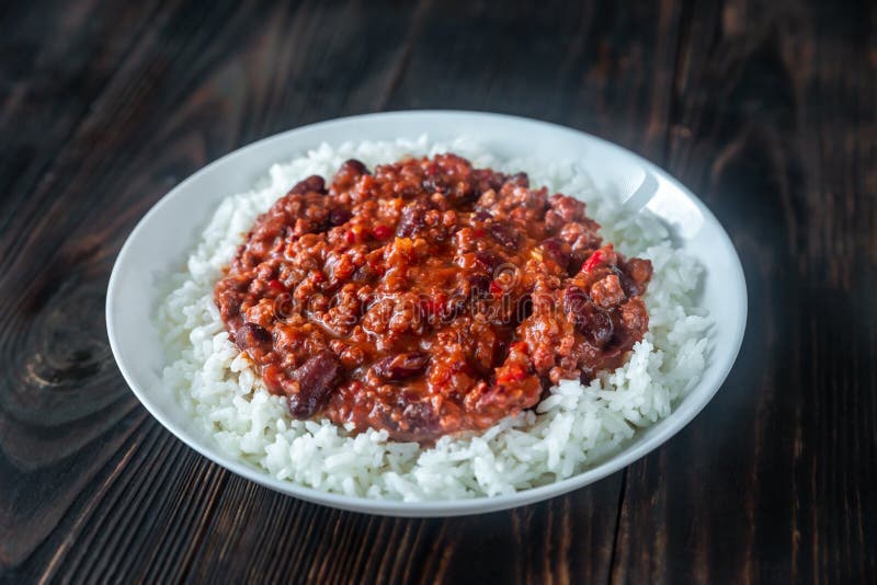 Chili Con Carne Served with White Rice Stock Photo - Image of cooked ...