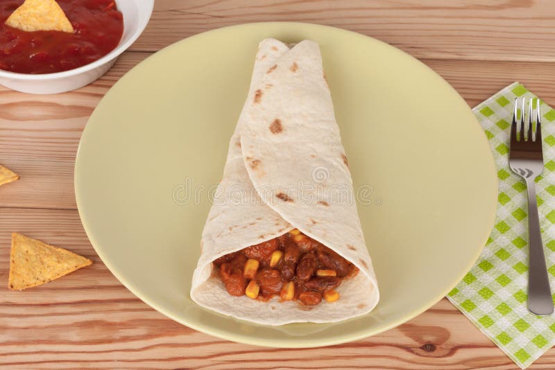 Chili Con Carne on Tortilla Wrap with Salsa Sauce and Tortilla C Stock ...