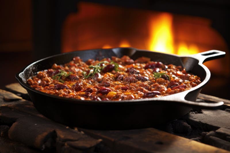 Chili Cooking in a Cast Iron Skillet Stock Illustration - Illustration ...