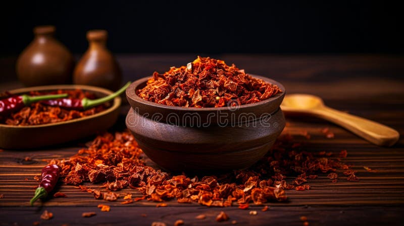 Chili Flakes on Wooden Bowl on Wooden Table Generative AI Stock ...