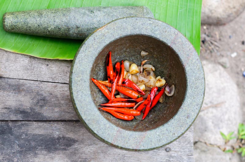 Chili paste in mortar stock image. Image of mortar, healing - 40364321