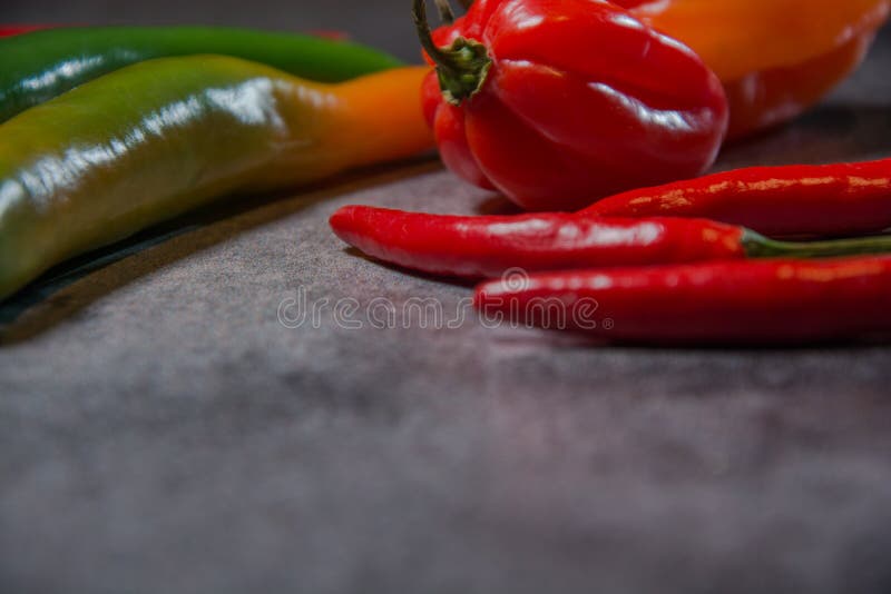 Chili Pepper, Different Types and Colors, with Copy-space, on Gray ...