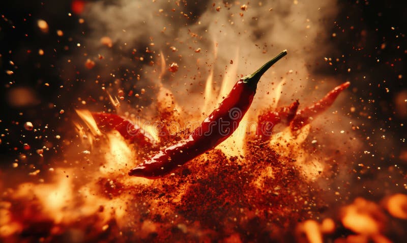 Chili Pepper Explosion with Spices and Flames, Vibrant Fiery Background ...