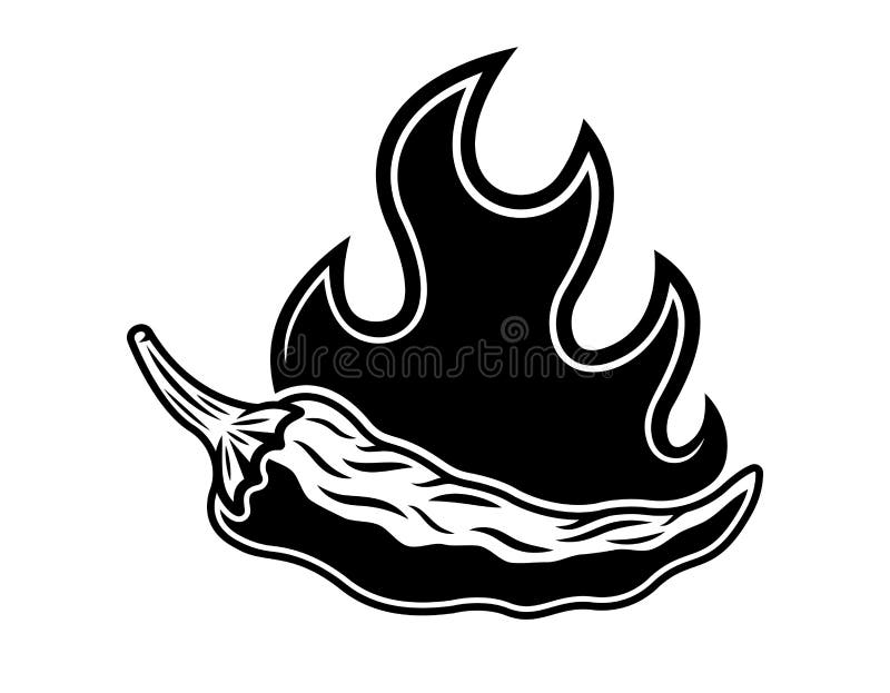 Chili Pepper with Flame Vector Illustration in Monochrome Style ...