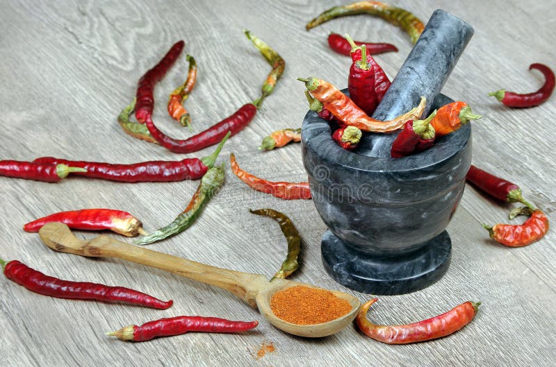 Chili Pepper in a Mortar. Chopping Red Chili Pepper in a Mortar. Top ...