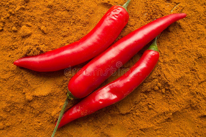 Chili Pepper Pods on Chili Powder Top View Stock Image - Image of view ...