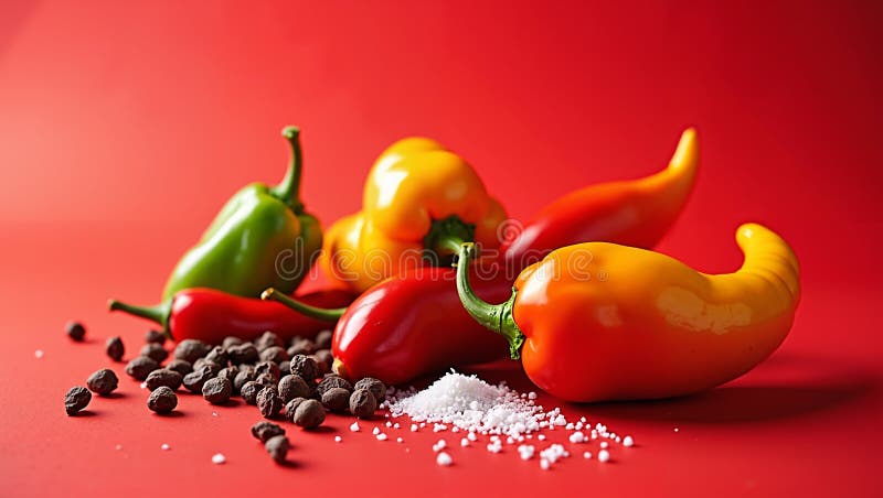 Chili Pepper and Spices on Red Background Stock Illustration ...