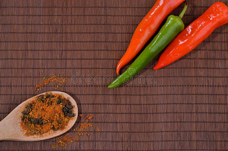 Chili Pepper the Table Wih Some Spice on Wooden Spoon Stock Photo ...