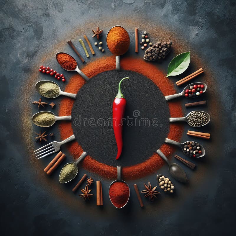 Chili Pepper and Various Spices Arranged in a Circular Pattern Stock ...