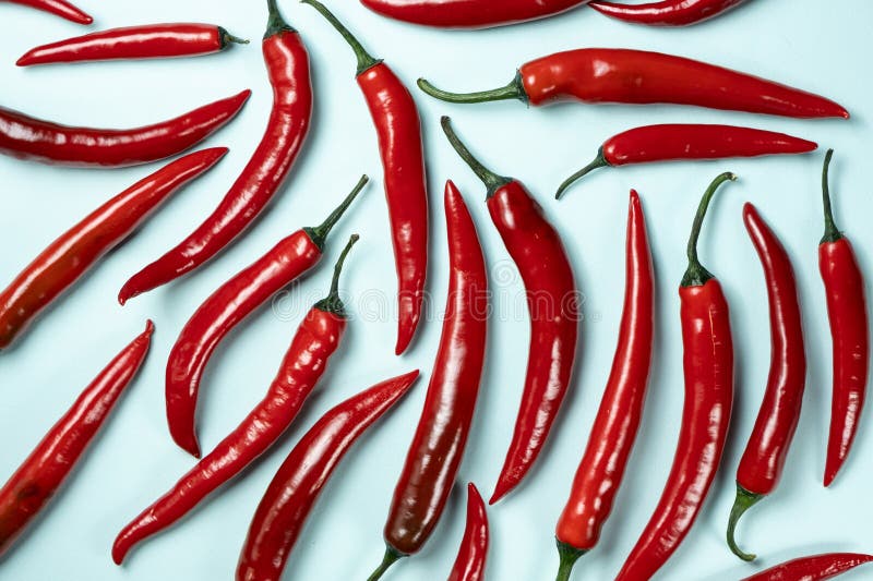 Chili Peppers Different Shapes Blue Background Top View Stock Photos ...