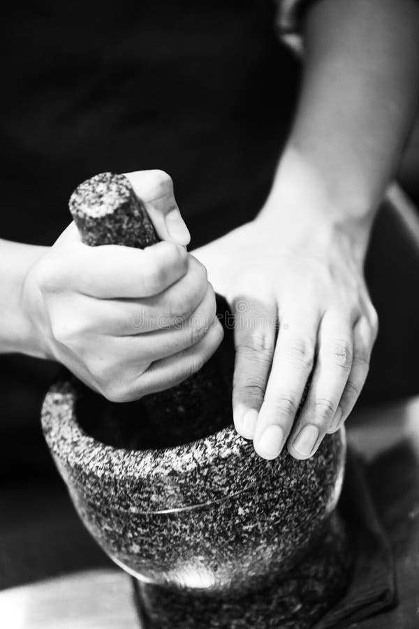 Chili in Stone Mortar in Thai Kitchen Style, Chef Cooking Stock Photo ...