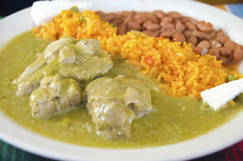 Chili Verde Green Mexican Food Spanish Rice Tortillas Stock Photo ...