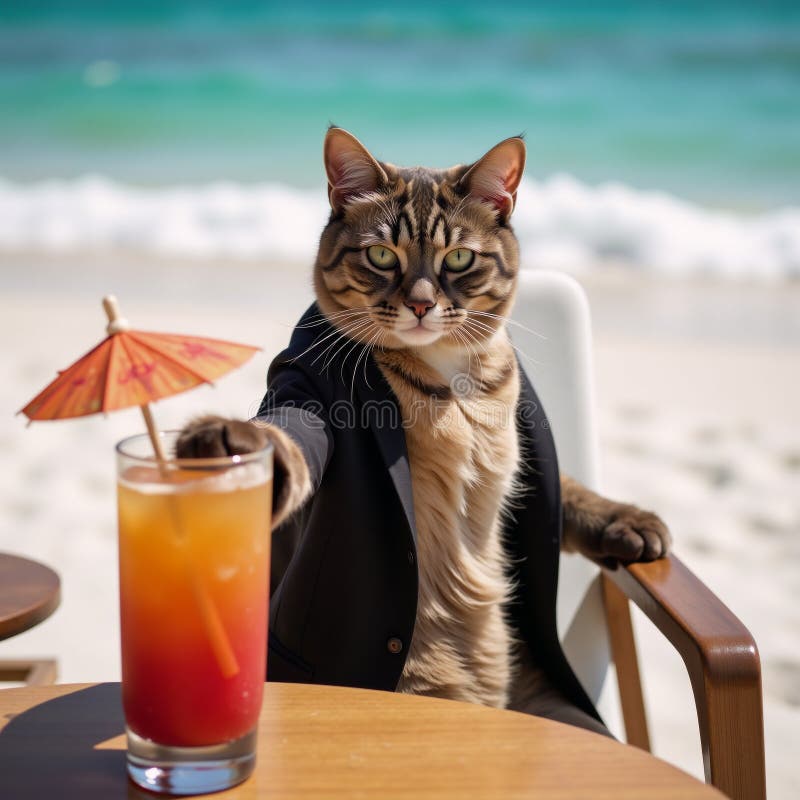 Chill Cat Lounges on Sunny Beach with Cocktail Stock Illustration ...
