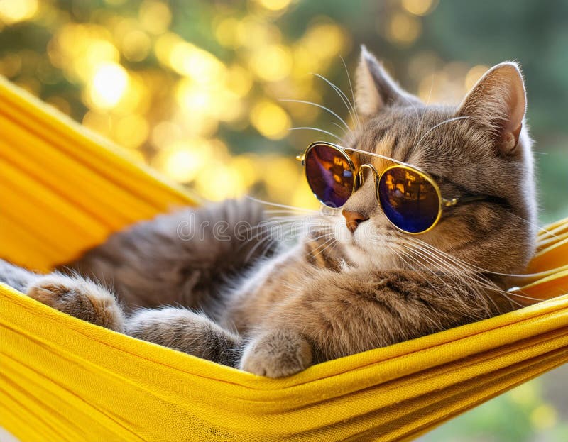 Chill Cat in Sunglasses Relaxing in a Yellow Hammock with a Vibrant ...