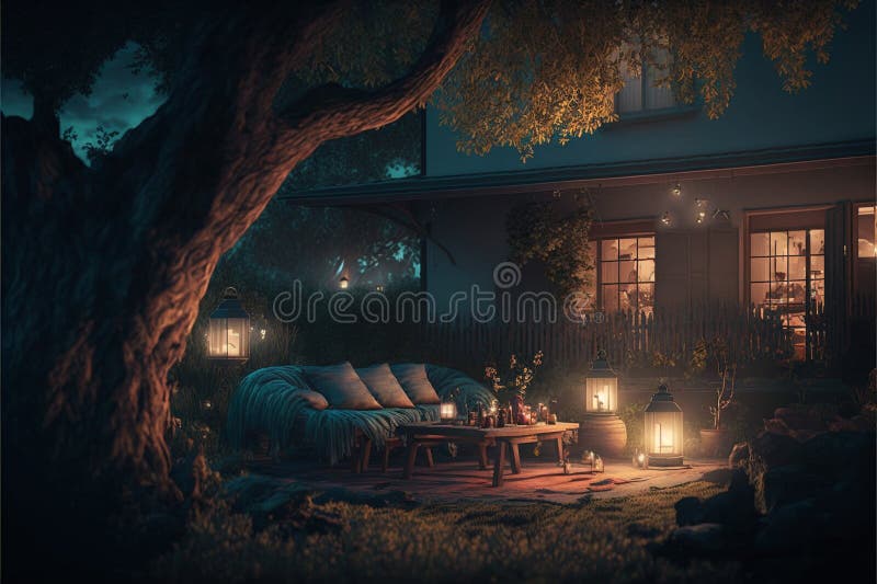 Chill Out Scene at Night, River, and Mountains, Landscape, Generative ...