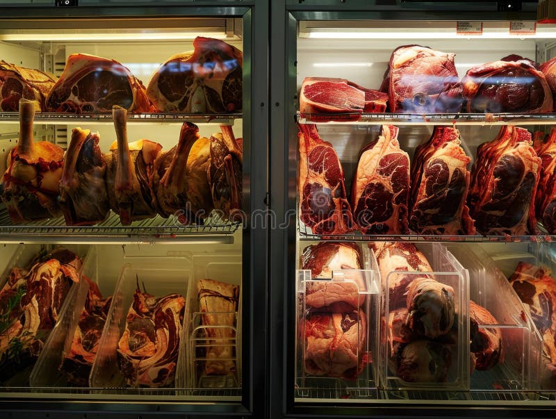 Meat Hanging in a Modern Cold Storage Facility with Stainless Steel ...