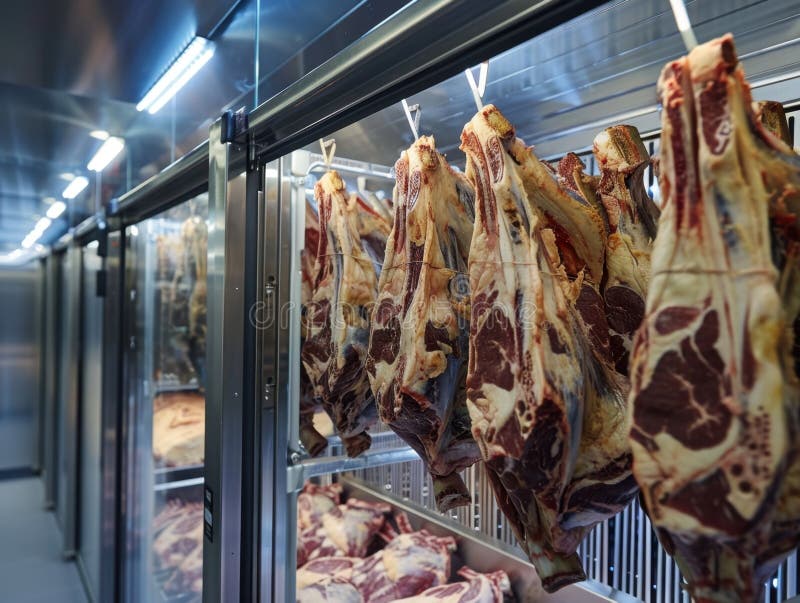 Meat Hanging in a Modern Cold Storage Facility with Stainless Steel ...