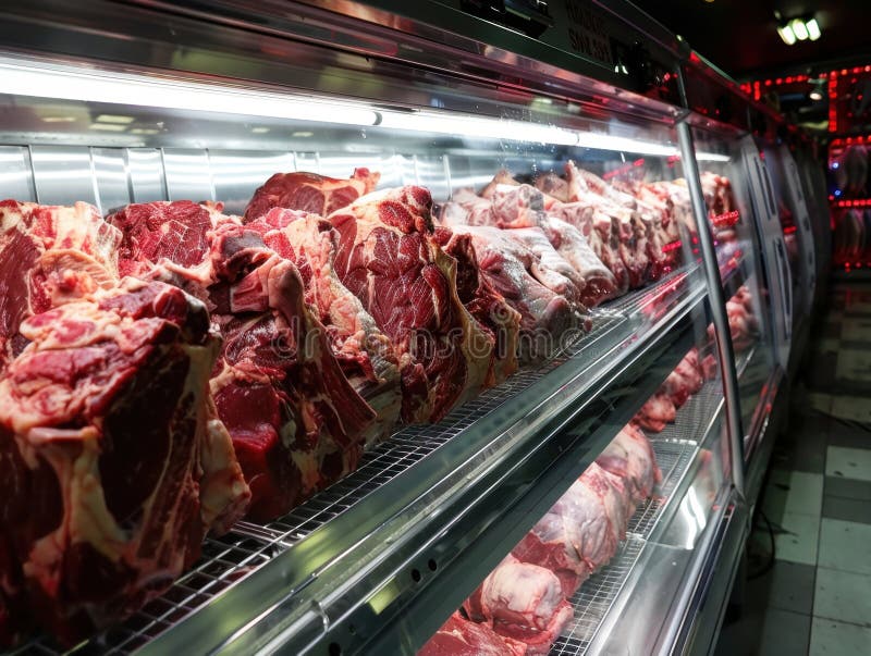 Meat Hanging in a Modern Cold Storage Facility with Stainless Steel ...