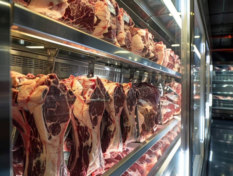 Meat Hanging in a Modern Cold Storage Facility with Stainless Steel ...