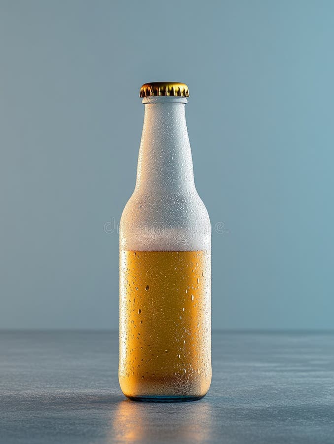 Chilled Beer Bottle with Condensation on a Blue Background. Stock Image ...