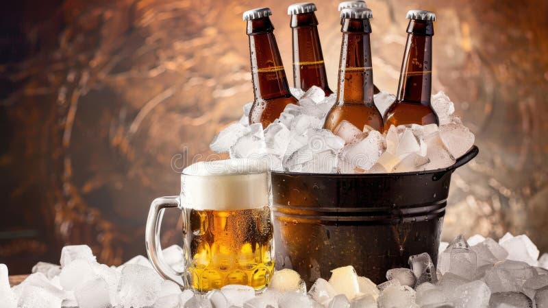 Chilled Beer Bottles in Ice Bucket with Frothy Beer Mug Stock Image ...