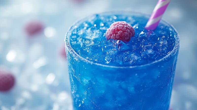 Chilled Blue Slush Beverage with a Raspberry and Straw Garnish Stock ...
