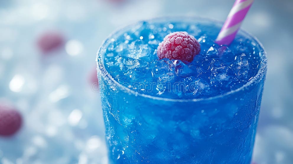 Chilled Blue Slush Beverage with a Raspberry and Straw Garnish Stock ...