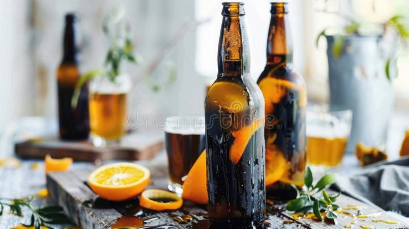 A Chilled Bottle of Orange-flavored Beer Next To a Sliced Orange Stock ...