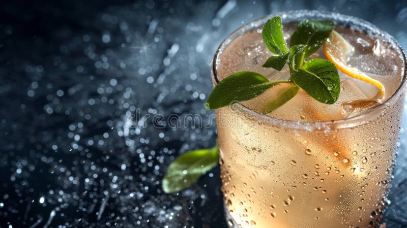 Chilled Citrus Cocktail with Basil Garnish and Dewy Glass Stock Image ...