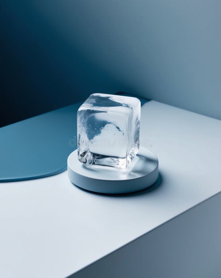 Chilled Essence Single Ice Cube Melting on a Blue Surface. Stock Image ...