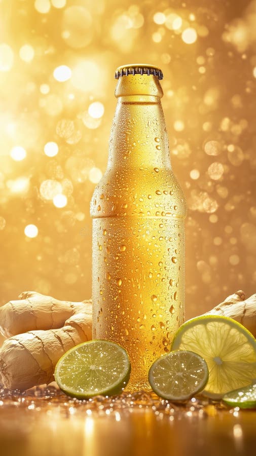 Chilled Ginger Beer Bottle with Lime and Lemon Slices in Sparkling ...