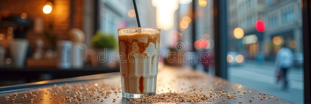 Chilled Iced Coffee with Drizzle on Urban Cafe Table Stock Image ...
