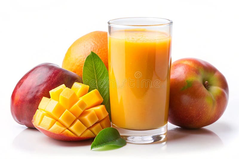 Chilled Mango Juice Accompanied by Ripe Mango Fruits, Isolated on White ...
