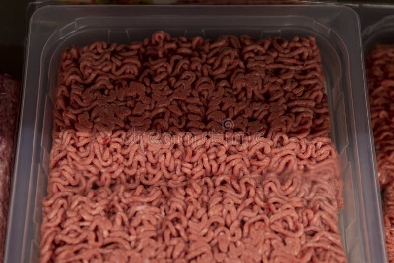 Chilled Minced Meat in Plastic Packaging in the Store. Close-up Stock ...