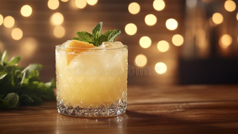 A Chilled Orange Drink with Ice and Mint, Presented on a Rustic Table ...