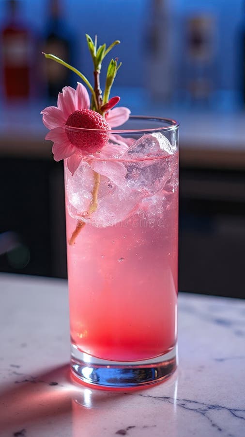 Chilled Pink Cocktail Floral Garnish Ice Tall Glass Stock Photos - Free ...