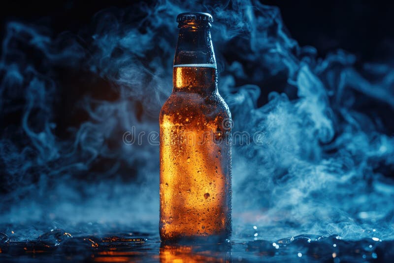 Chilled Refreshment: Frosty Cold Beer Bottle Surrounded by Ice, Smoke ...