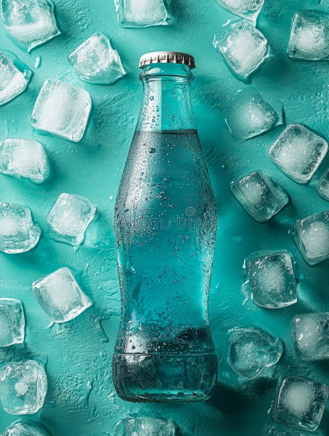 Chilled Soda Bottle with Ice Cubes on a Turquoise Background. Stock ...
