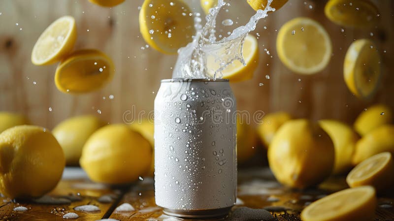 Chilled Soda Can with Splashing Water Surrounded by Lemons, Summer ...
