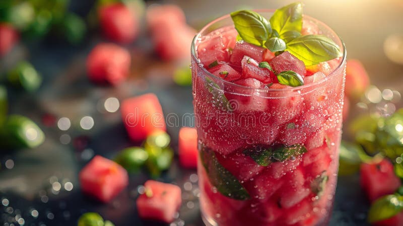 Chilled Watermelon Basil Juice with Fresh Basil and Watermelon Cubes Stock Illustration ...