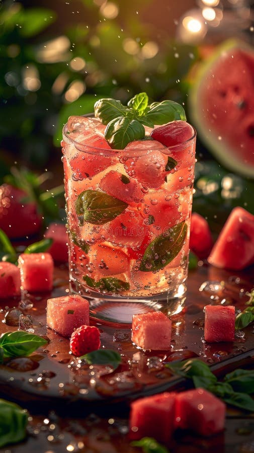 Chilled Watermelon Basil Juice with Fresh Basil and Watermelon Cubes ...