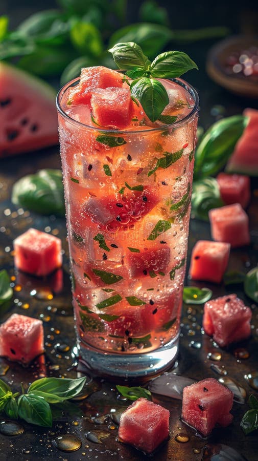 Chilled Watermelon Basil Juice with Fresh Basil and Watermelon Cubes Stock Illustration ...