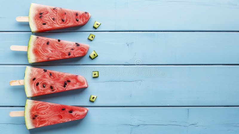 Chilled Watermelon Popsicles with a Splash of Blue Wood Background ...