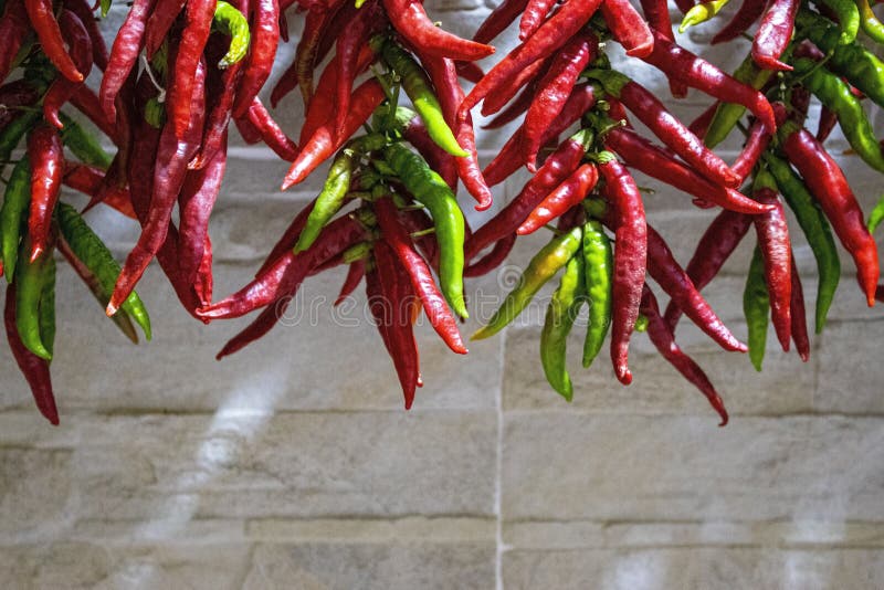 Chilli. Colorful Peppers on a Light Stone Wall, Front View Stock Photo ...