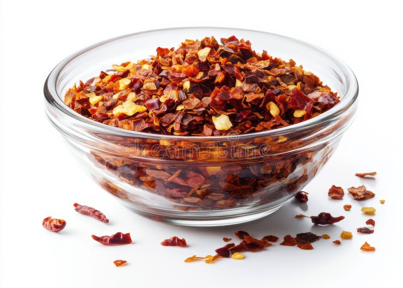 Chilli Flake in Glass Bowl Isolated on White Background Stock ...